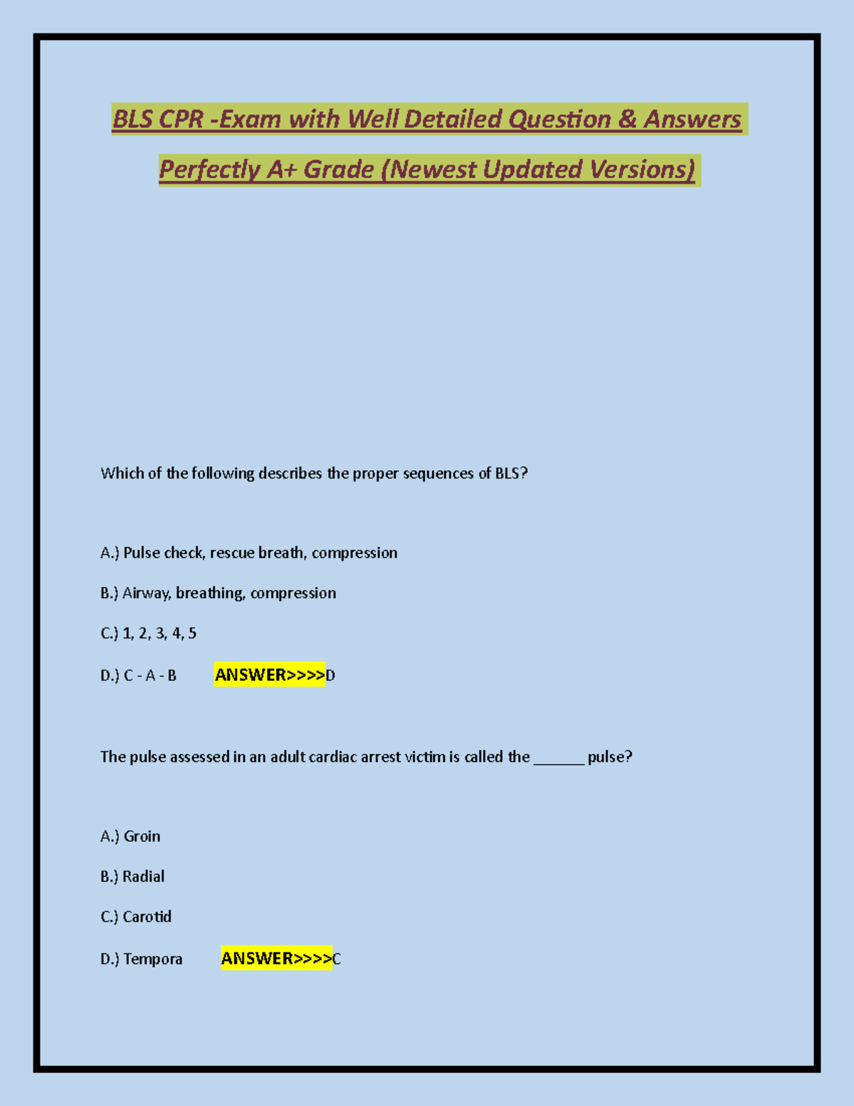 BLS CPR Exam: Detailed Q&A for A+ Grade (Latest Version) - Studocu