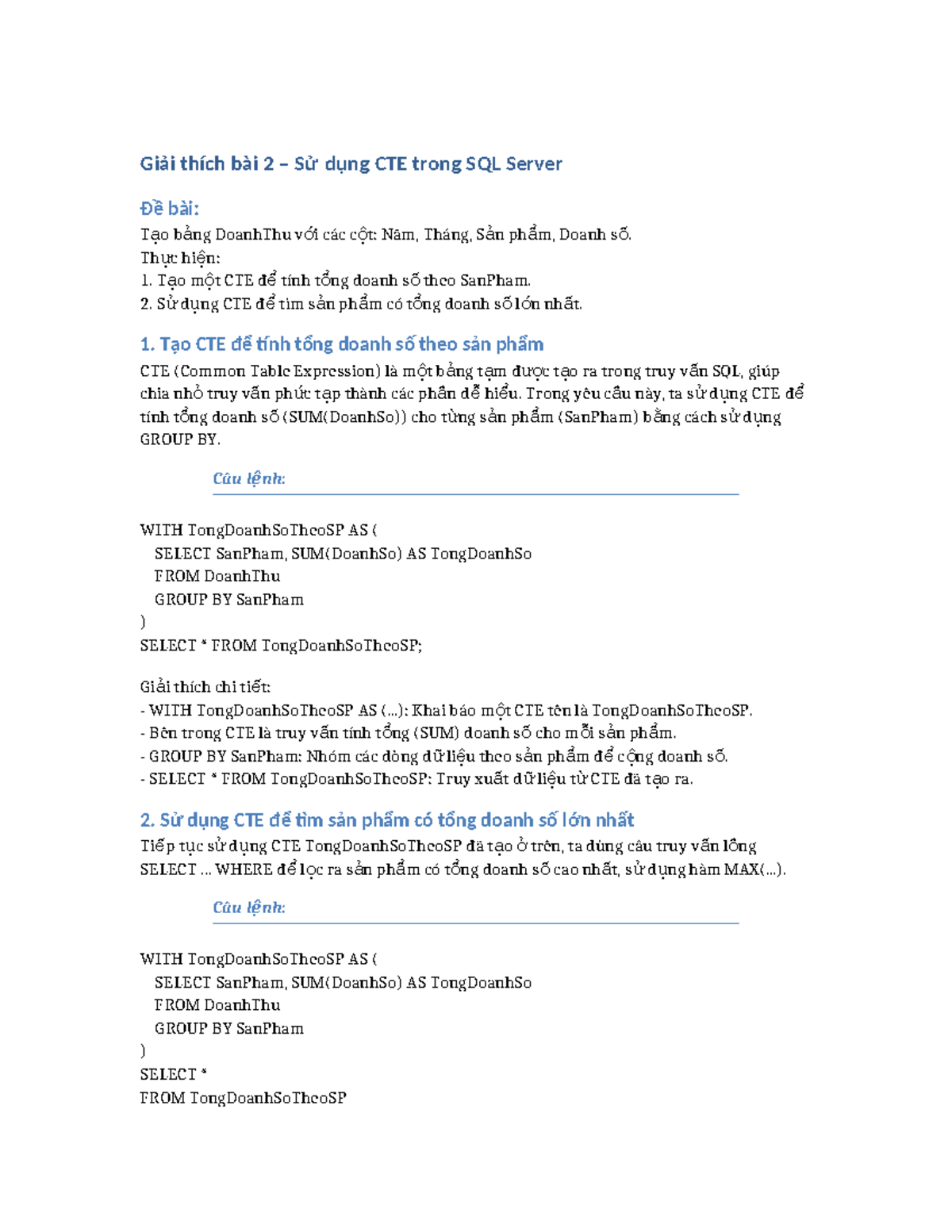 Giải thích Bài 2: Sử dụng CTE trong SQL Server - Studocu