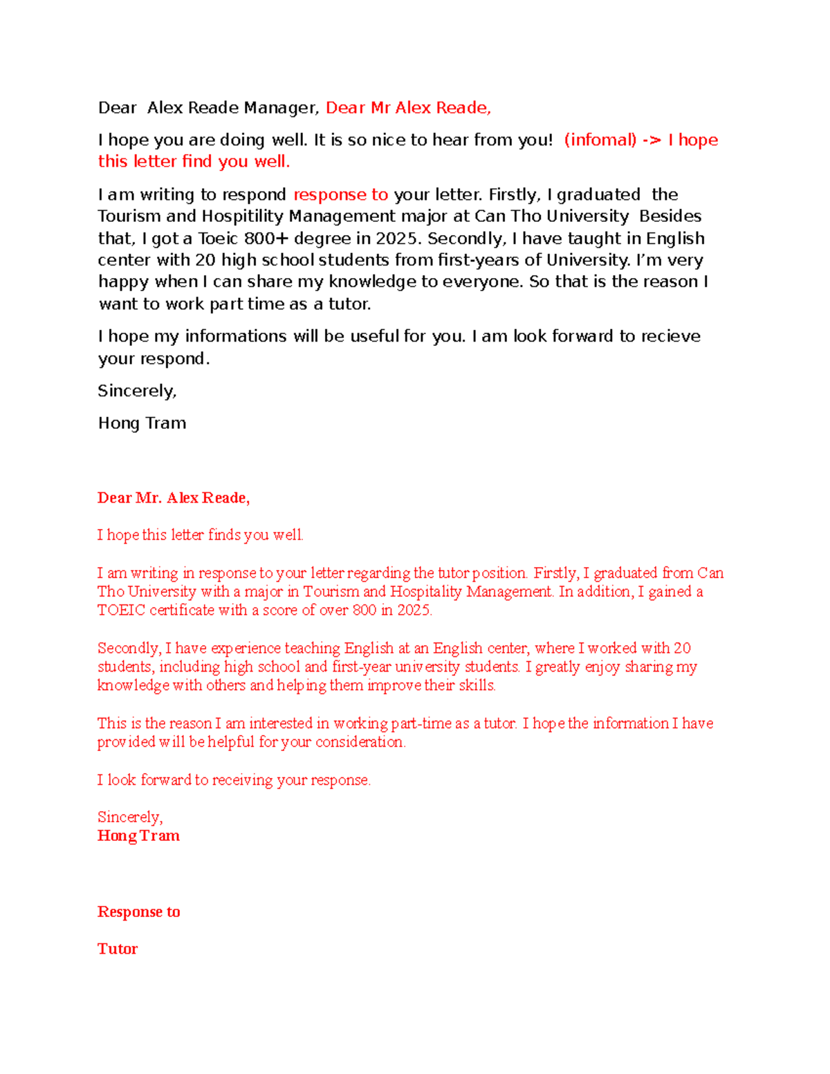 Response Letter for Tutor Position - Letter 20 - Studocu