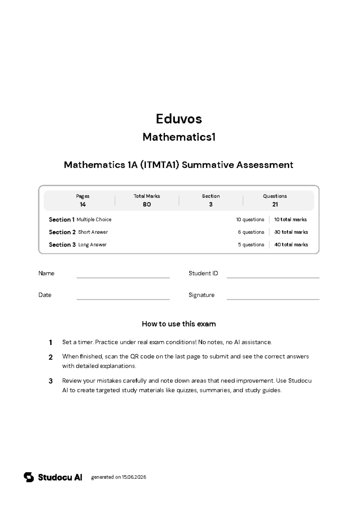 Mathematics 1A (ITMTA1) Final Exam - Studocu