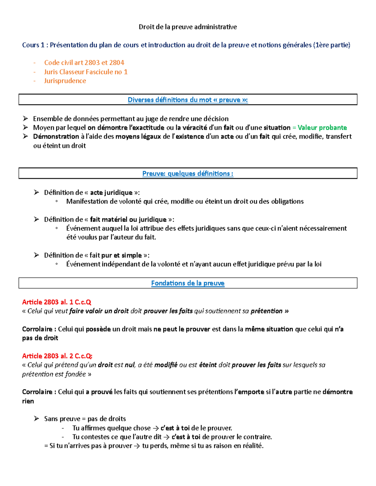 JUR3526 Cours 1 : Introduction au Droit de la Preuve et Notions ...