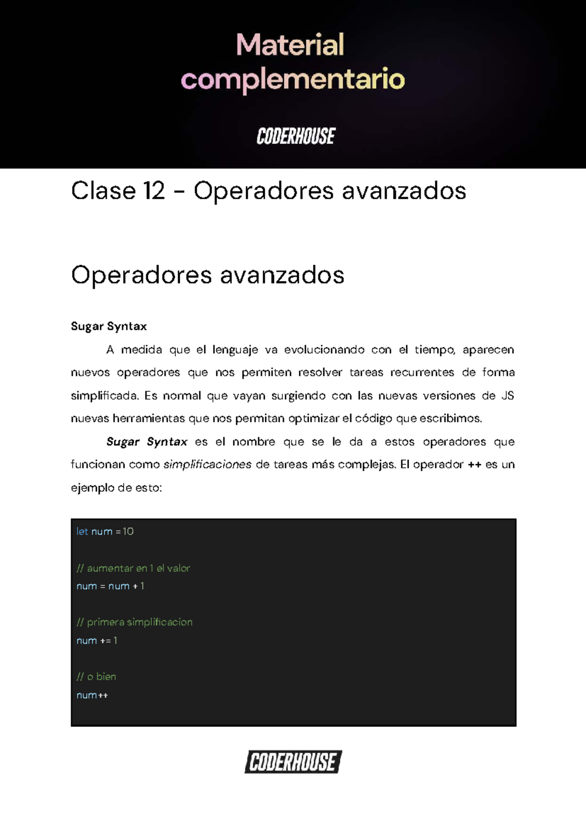 Clase 12 - Operadores Avanzados en JavaScript: Sugar Syntax y Más - Studocu