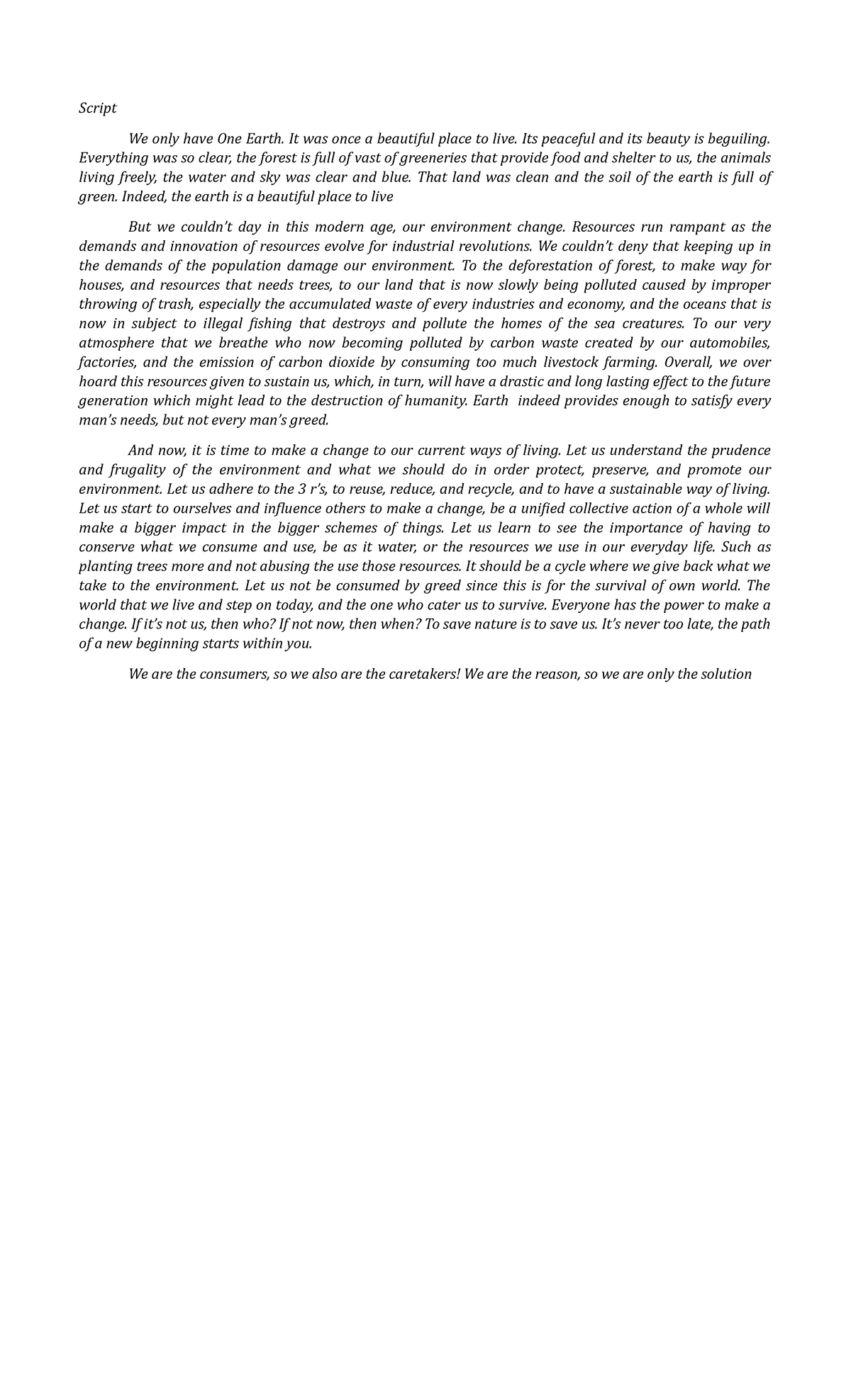 Advocacy Script for the environment - Introduction To Philo W/ Logic ...