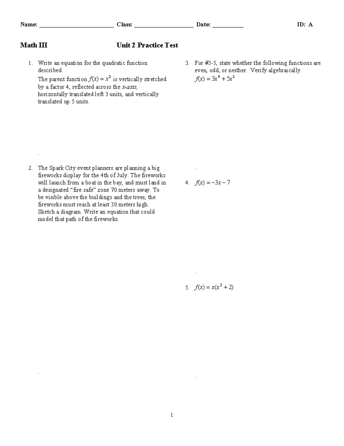 Unit 2 Practice Test - Quadratic Functions & Graphing - Studocu