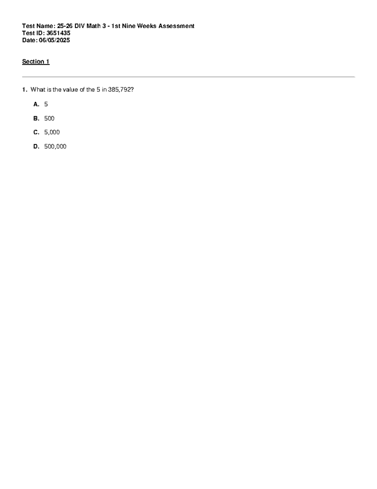 DIV Math 3 - 1st Nine Weeks Assessment Test Questions - Studocu
