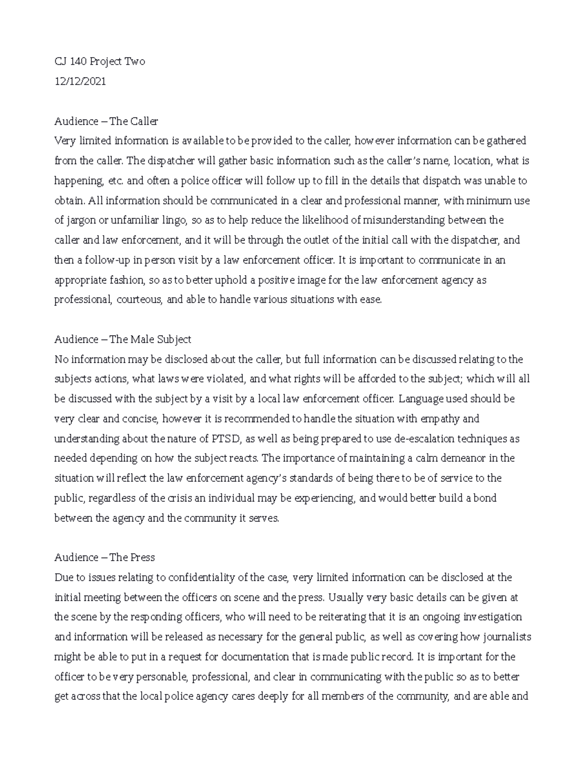 CJ 140 Module 7 Project Two - CJ 140 Project Two Audience The Caller ...