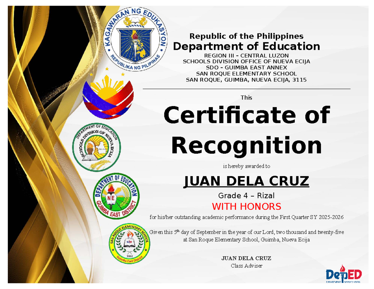 Certificate of Recognition - With Honors - Republic of the Philippines ...
