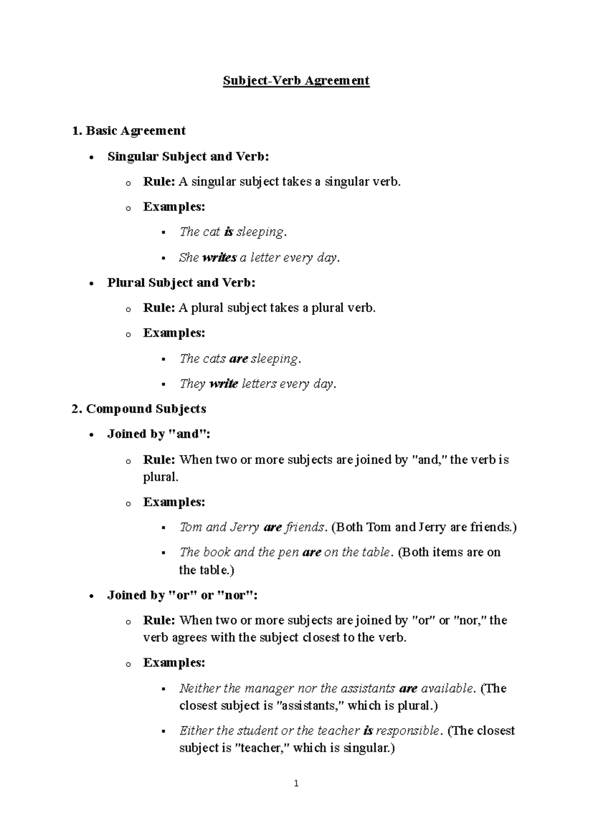 ENG 101: Subject-Verb Agreement Rules and Examples - Studocu