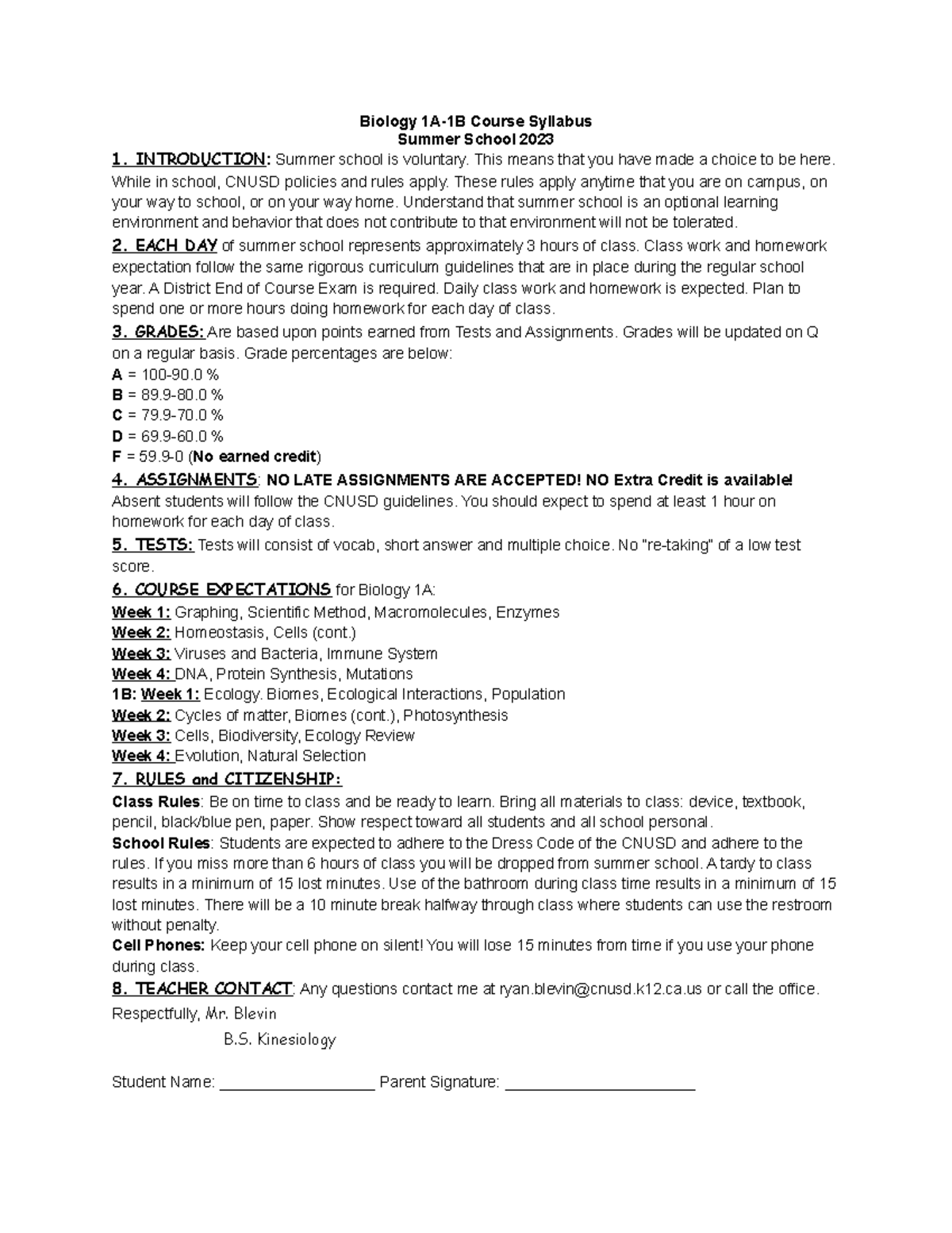 Biology 1A-1B Summer School Course Syllabus 2023 - Studocu