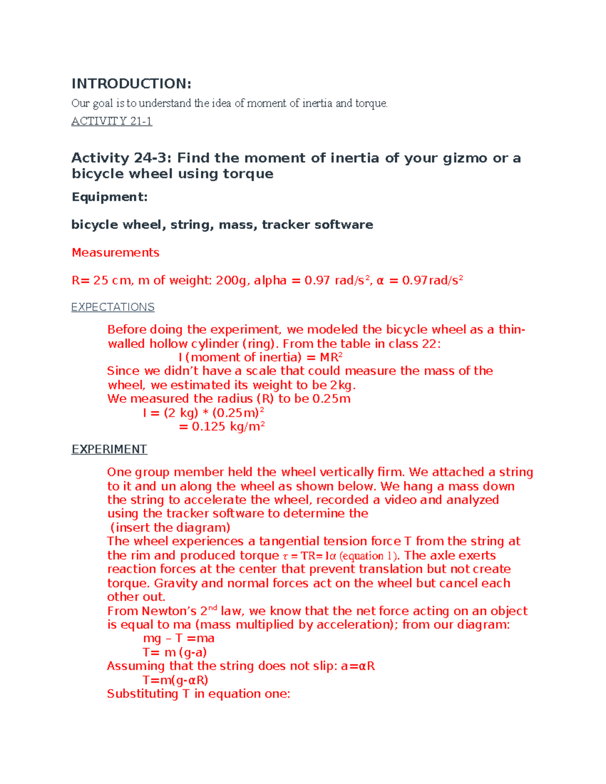 Activity Report 24: Exploring Moment of Inertia & Torque - Studocu