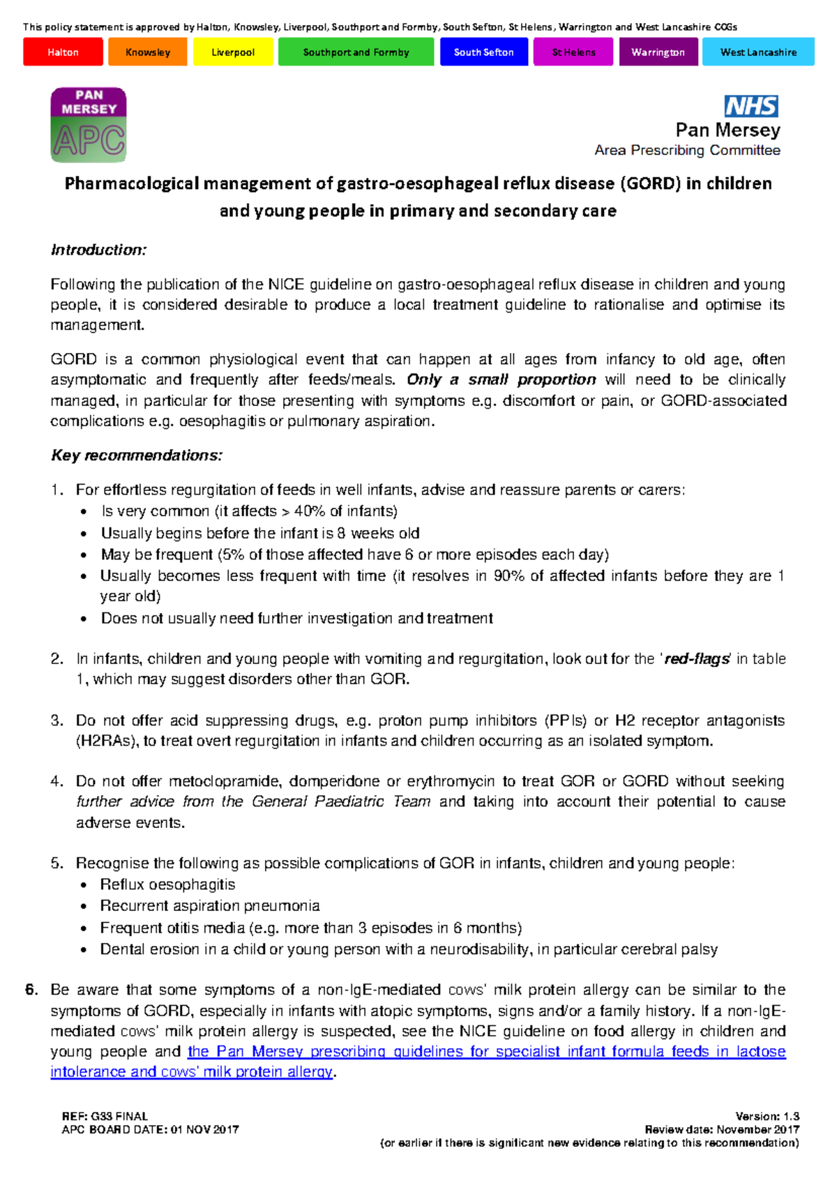 Pan Mersey Paediatric GORD Management Guidelines for Infants & Children ...