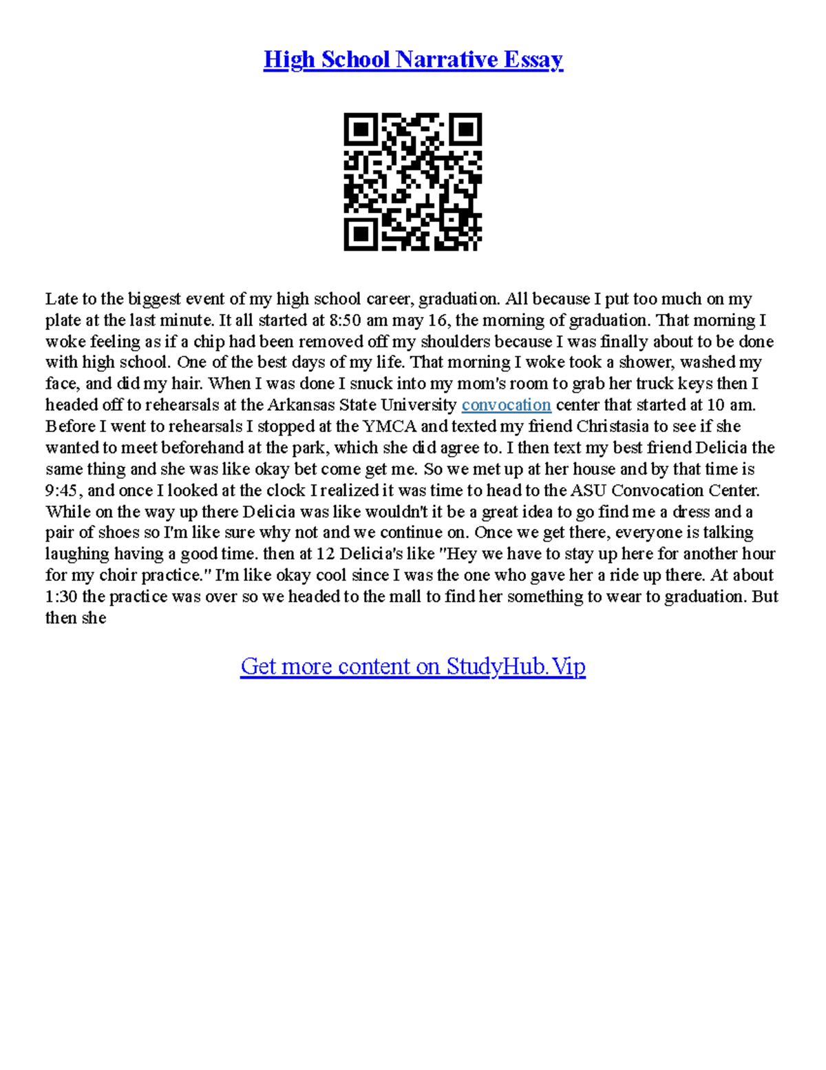 High School Narrative Essay Examples - High School Narrative Essay Late ...