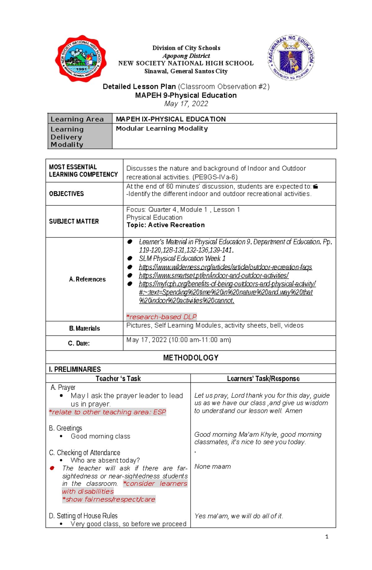 Detailed Lesson Plan: MAPEH 9 Active Recreation (May 17, 2022) - Studocu