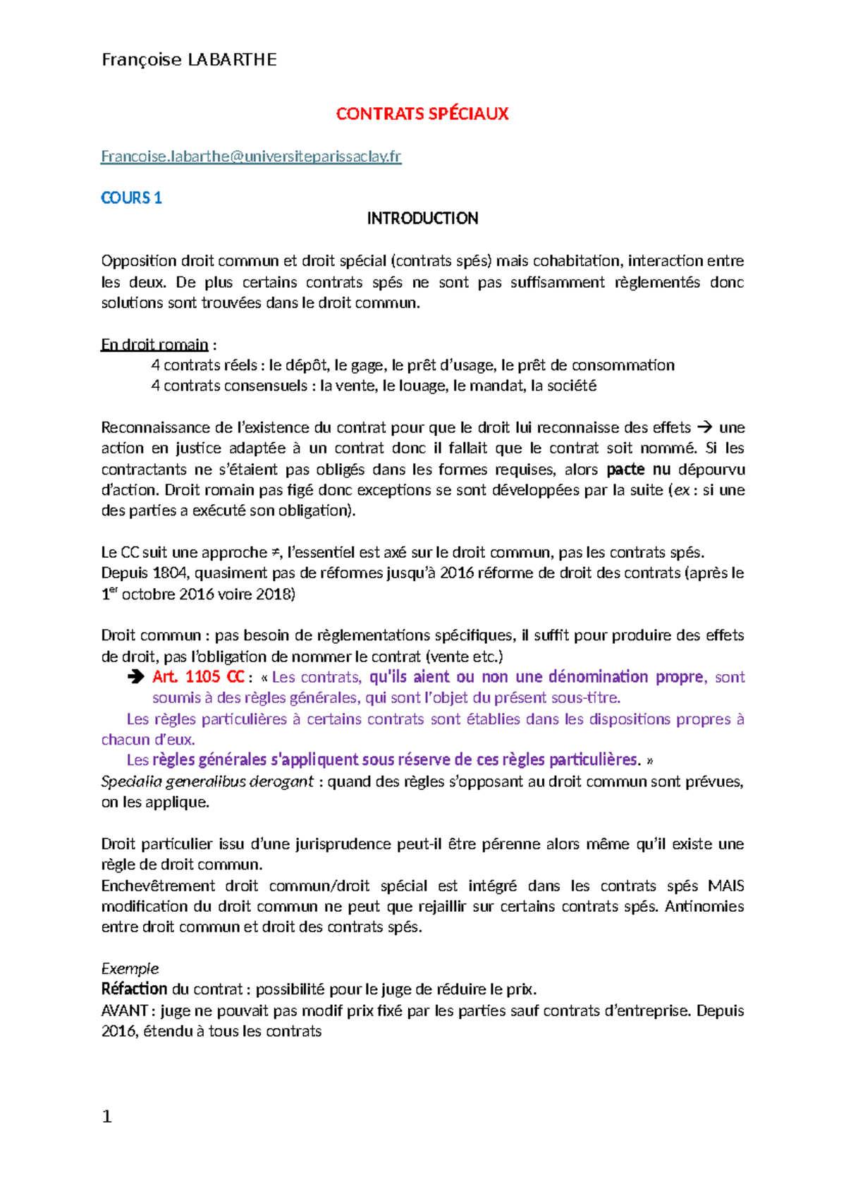 Contrats Spéciaux - Cours 1 : Introduction aux Contrats et Droit Commun ...
