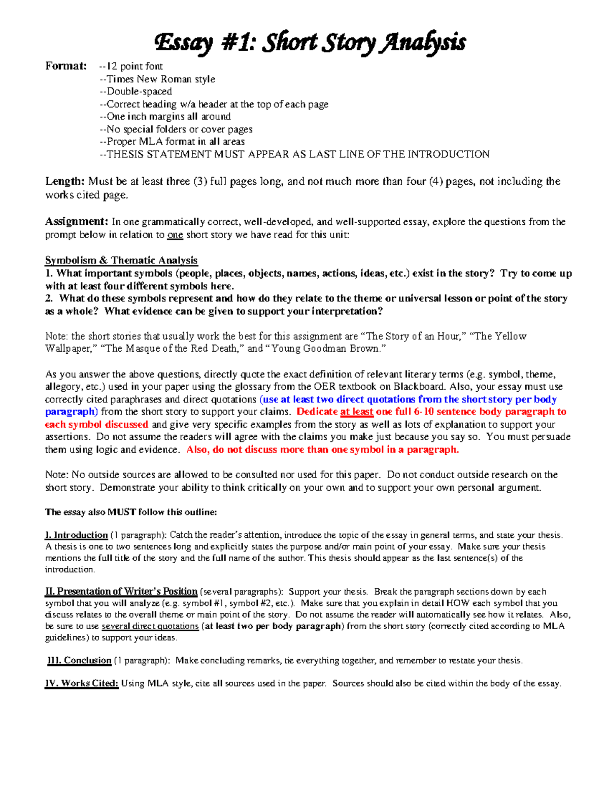 Short Story Essay Assignment - Essay #1: Short Story Analysis Format ...
