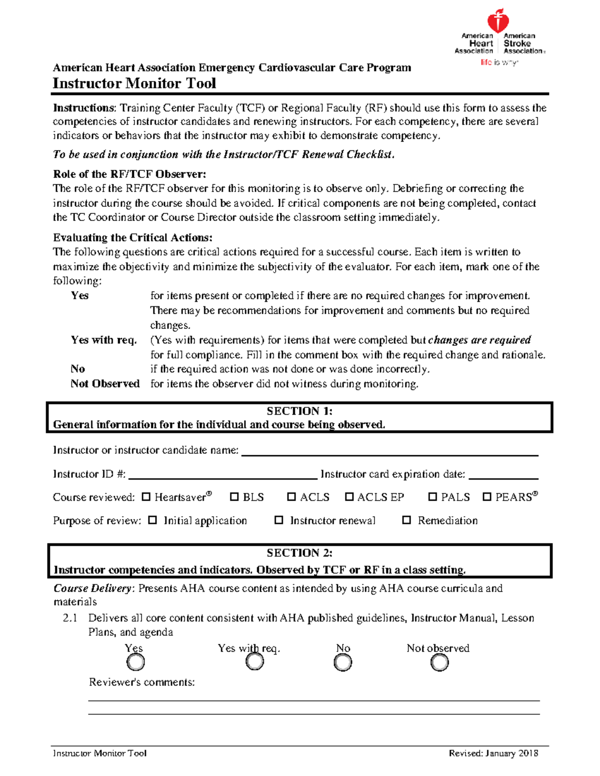 AHA Instructor Monitor Tool - Assessment Form for Trainer Candidates ...
