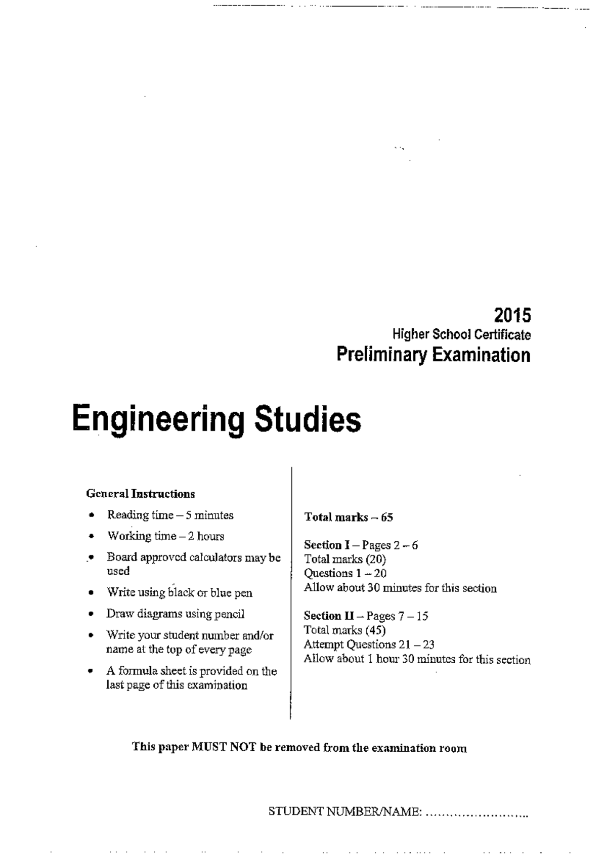 2015 HSC Engineering Studies Preliminary Exam Instructions & Questions ...