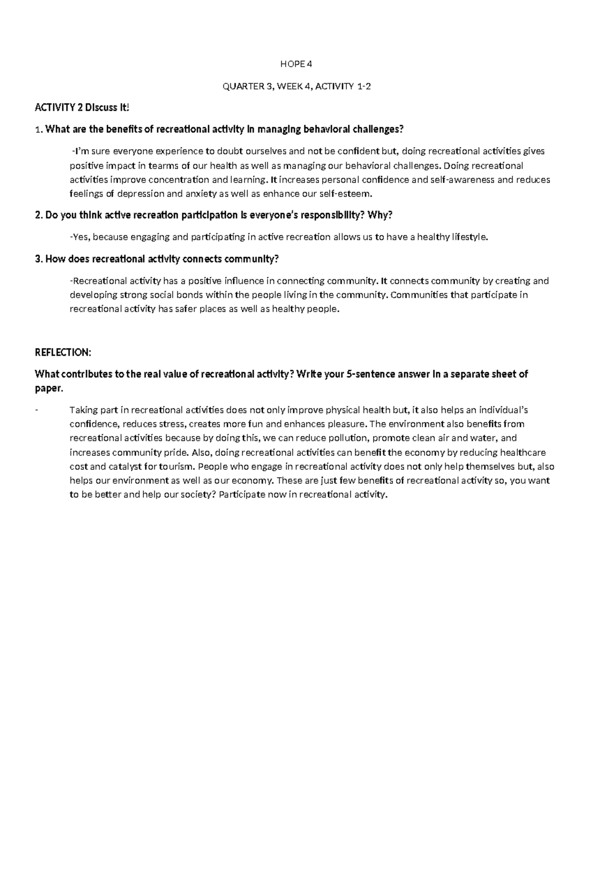 HOPE - HOPE - QUARTER 3, WEEK 4, ACTIVITY 1- ACTIVITY 2 Discuss It! 1 ...