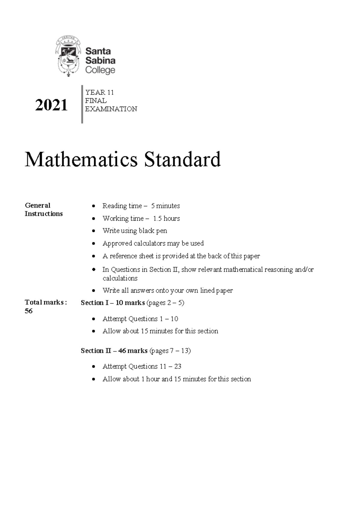 2021 YEAR 11 MATHEMATICS STANDARD FINAL EXAMINATION SOLUTIONS - Studocu