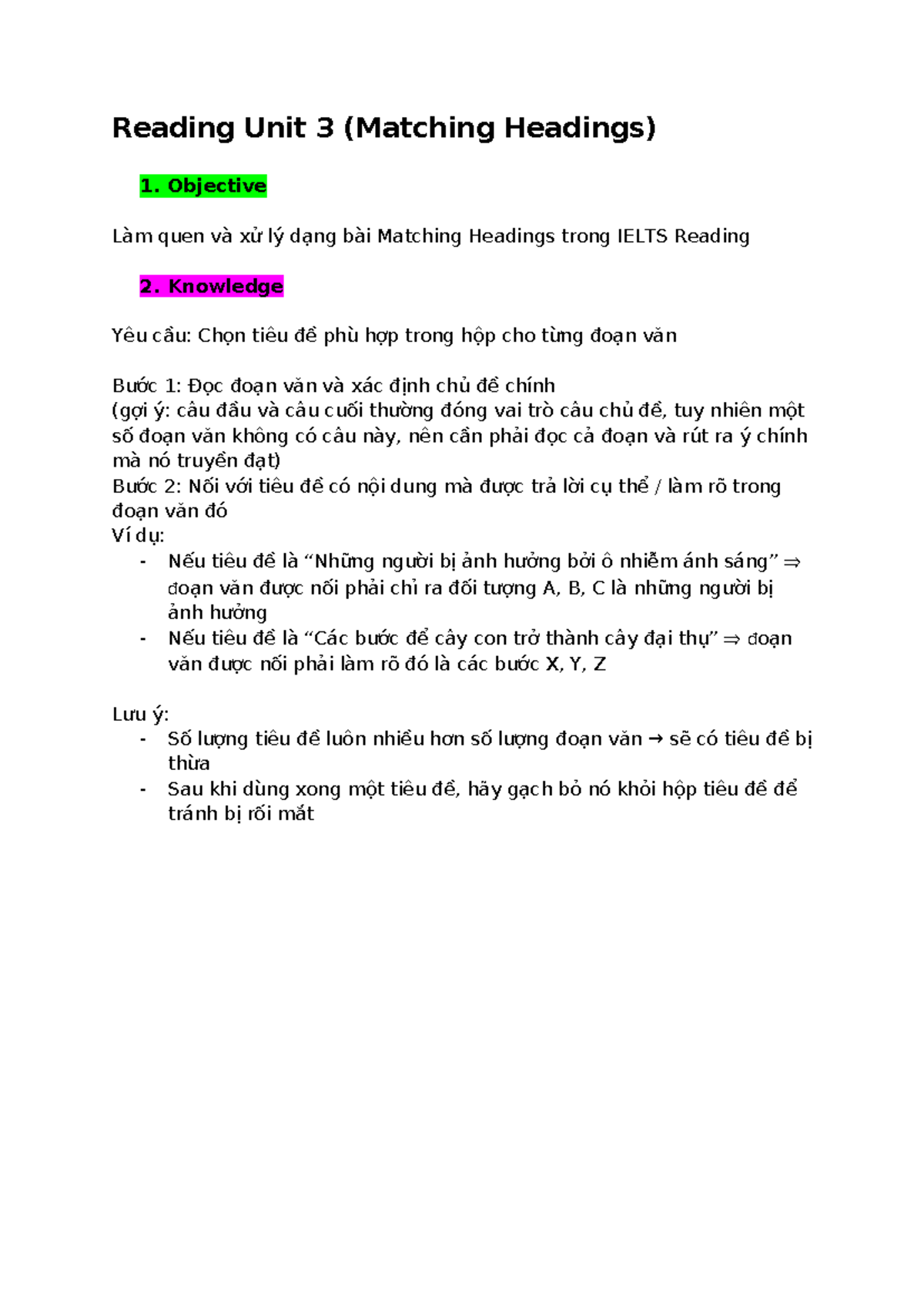 IELTS Reading Unit 3: Matching Headings Exercise - Studocu