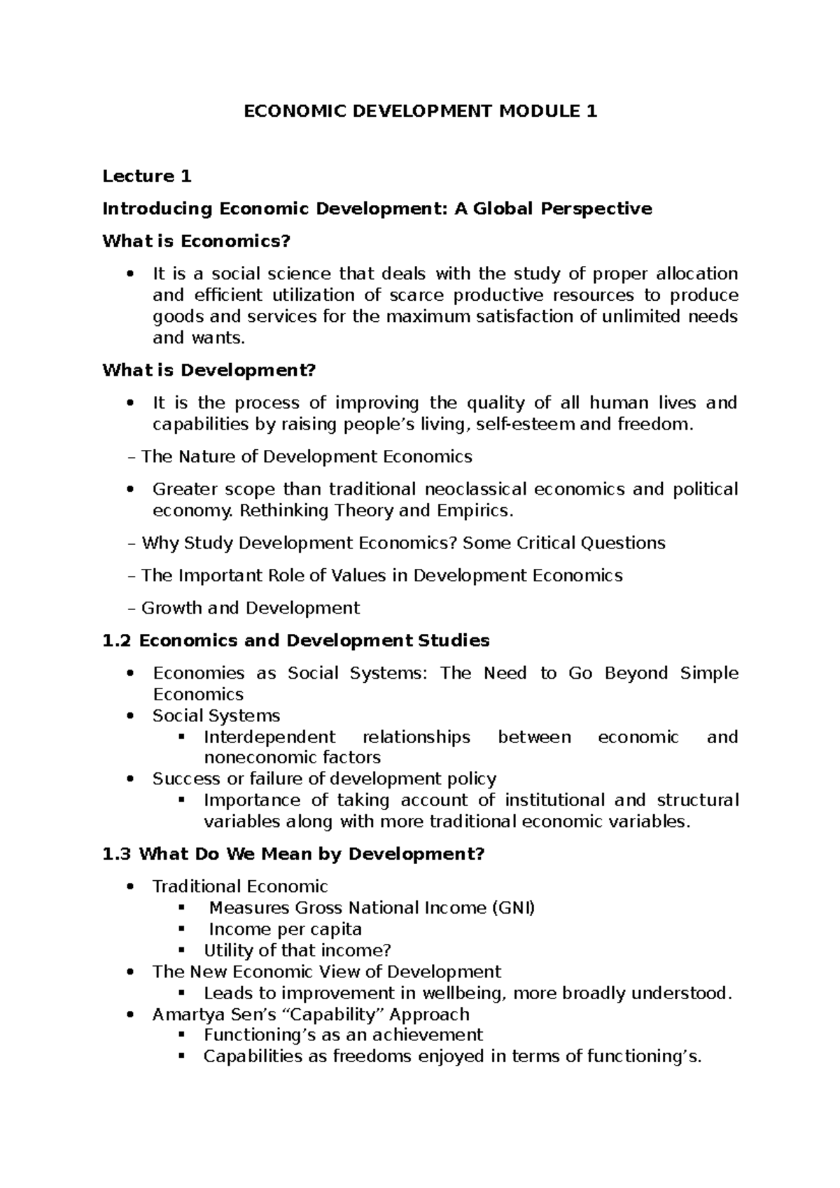Module 1 Lecture Notes 12 Economic Development Module 1 Lecture 1