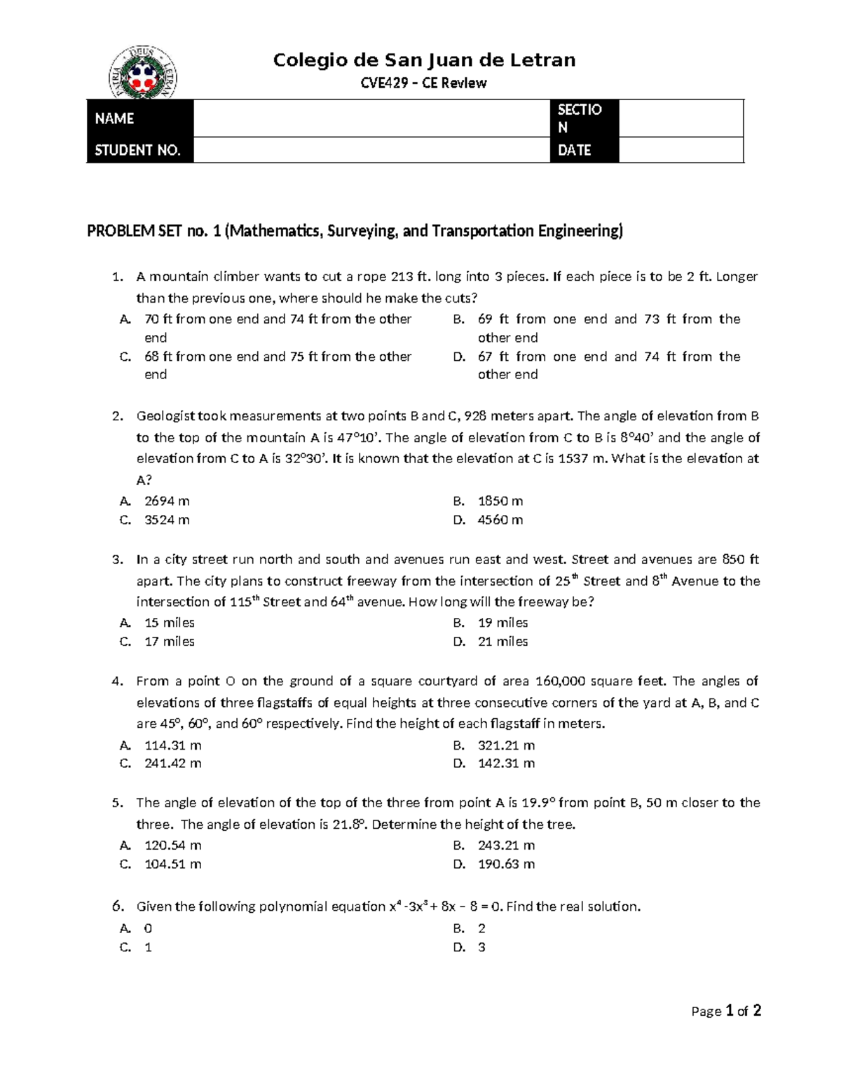 CVE429 - Problem Set No. 1: Mathematics, Surveying & Transportation ...