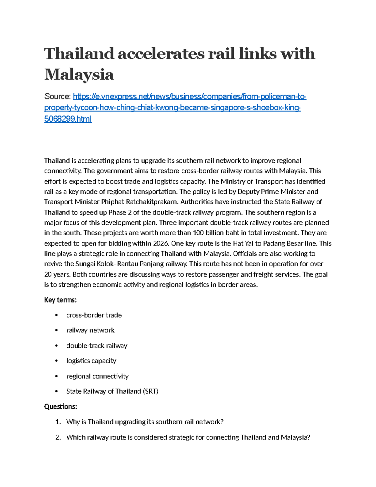 Thailand's Rail Network Upgrade: Enhancing Trade with Malaysia - Studocu