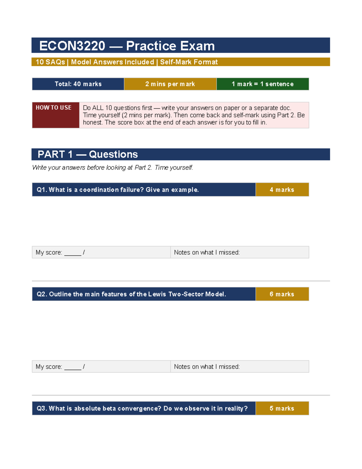 ECON3220 Practice Exam 10: Model Answers & Scoring Guide - Studocu