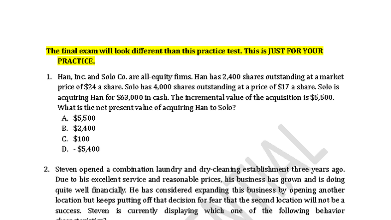 Practice Test - Commerce 2FB3: Exam Preparation Guide - Studocu