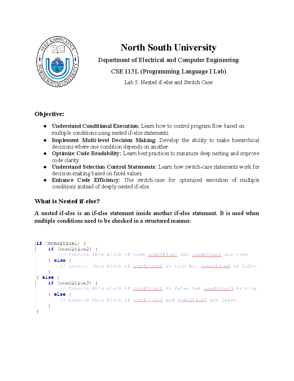 CSE 115L Lab 5: Nested Statements & Switch Case in C Programming - Studocu