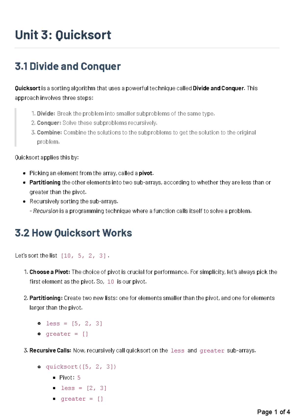 Unit 3: Quicksort - Understanding Divide and Conquer Method - Studocu