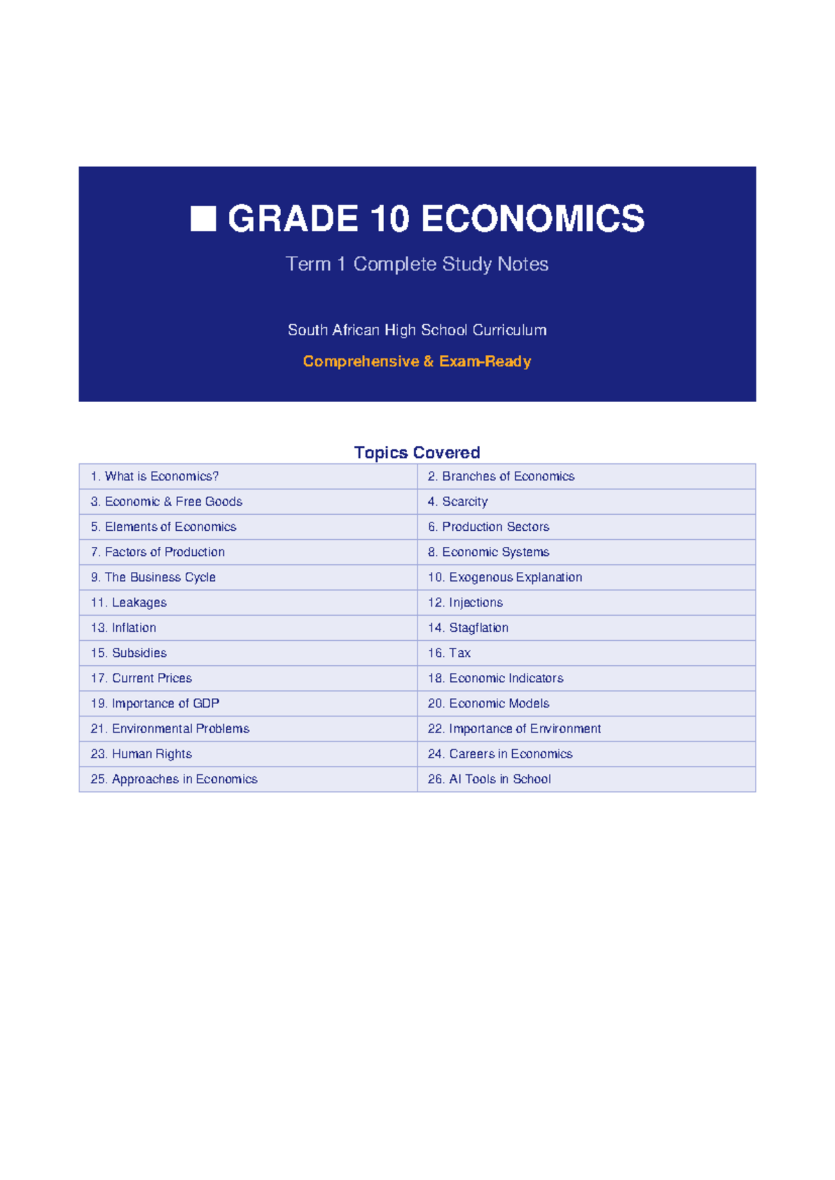 Grade 10 Economics Term 1 Comprehensive Study Notes - Studocu