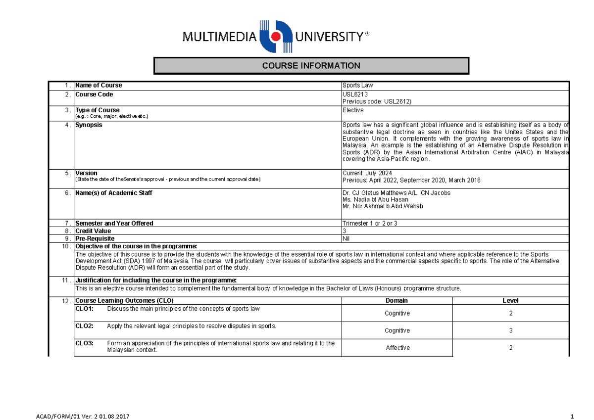 USL6213 Sports Law Course Information - July 2024 Edition - Studocu