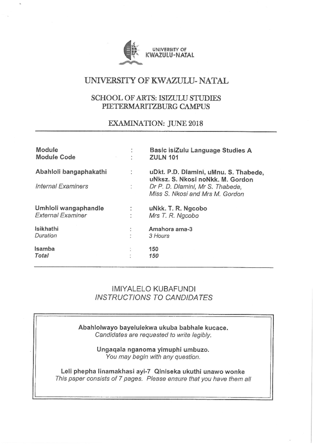 ZULN 101 Final Exam June 2018: Basic isiZulu Language Studies A - Studocu