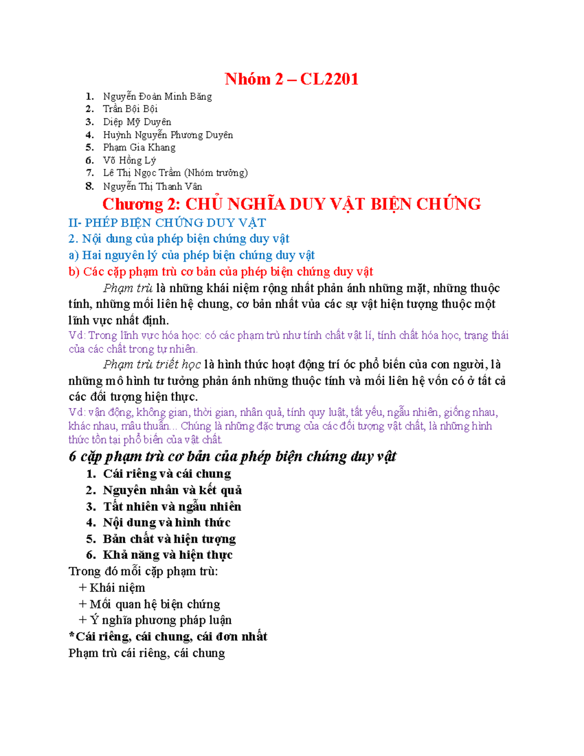 Chủ Nghĩa Duy Vật Biện Chứng - CL2201 - Nhóm 2 Chương 2 Notes - Studocu