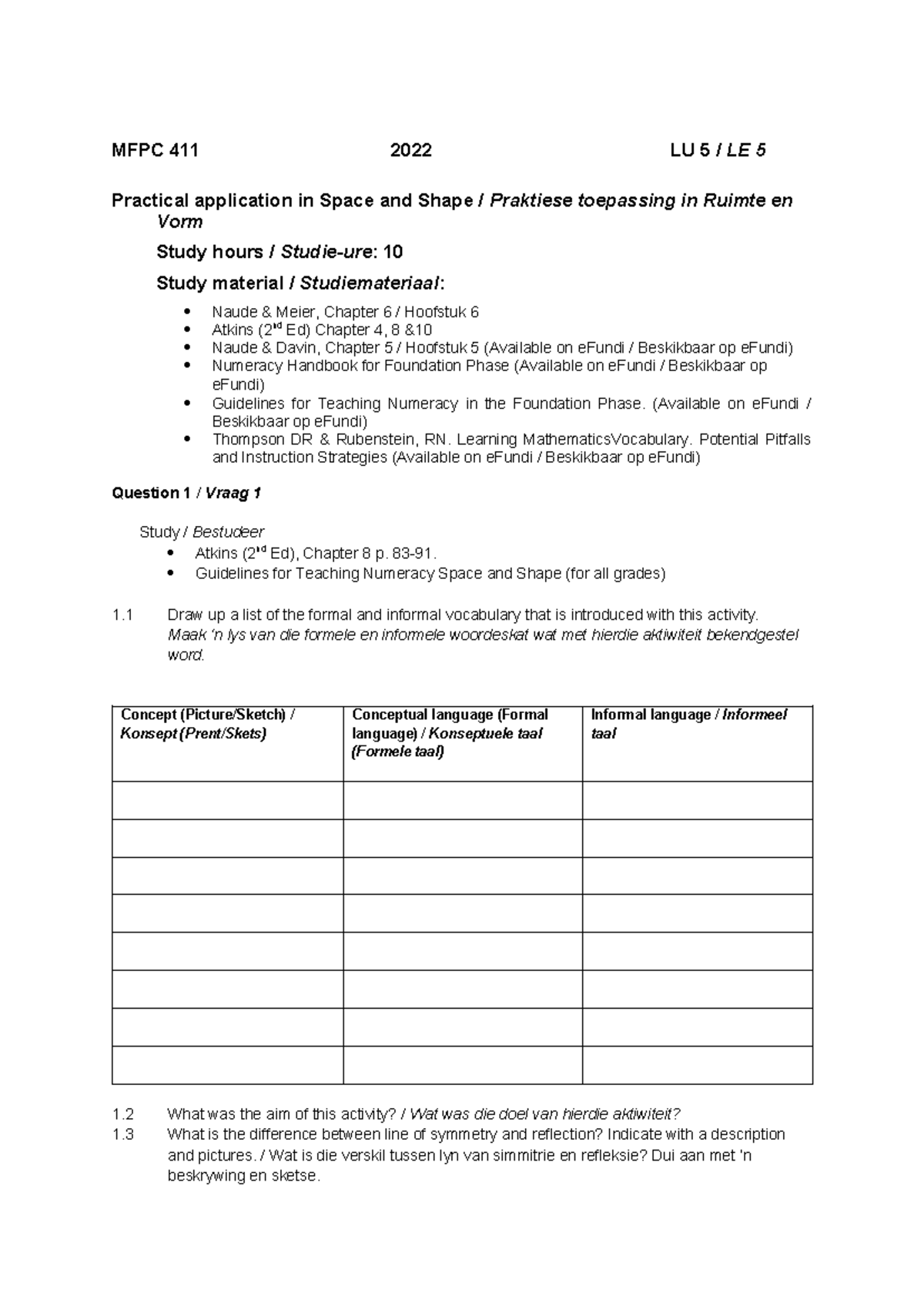 MFPC 411 2022 Practical Application in Space and Shape Worksheet - Studocu