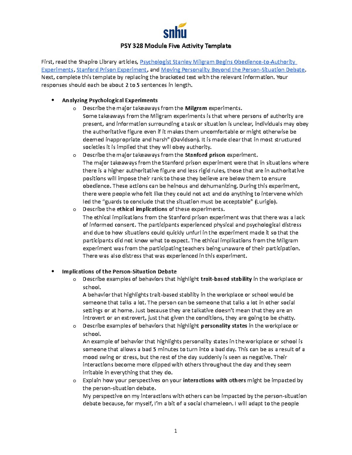 PSY 328 Module Five Activity AV - Next, complete this template by ...