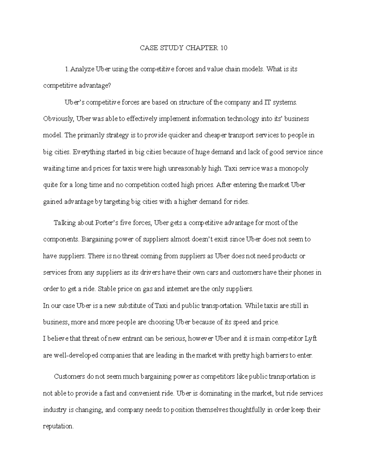 Case Study CH 10 - Analyzing Uber's Competitive Advantage and ...