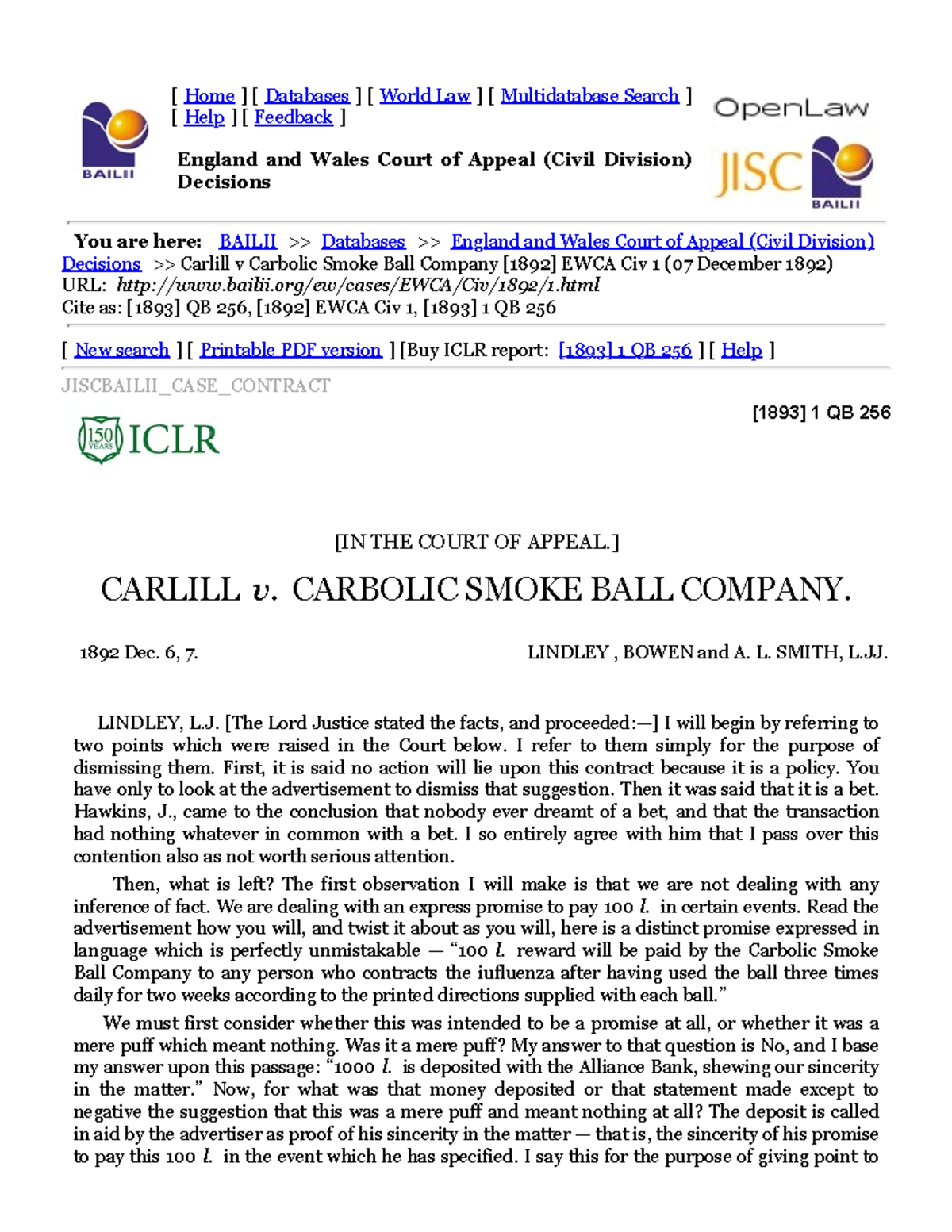 Carlill v Carbolic Smoke Ball Company [1892] EWCA Civ 1 (07 December ...