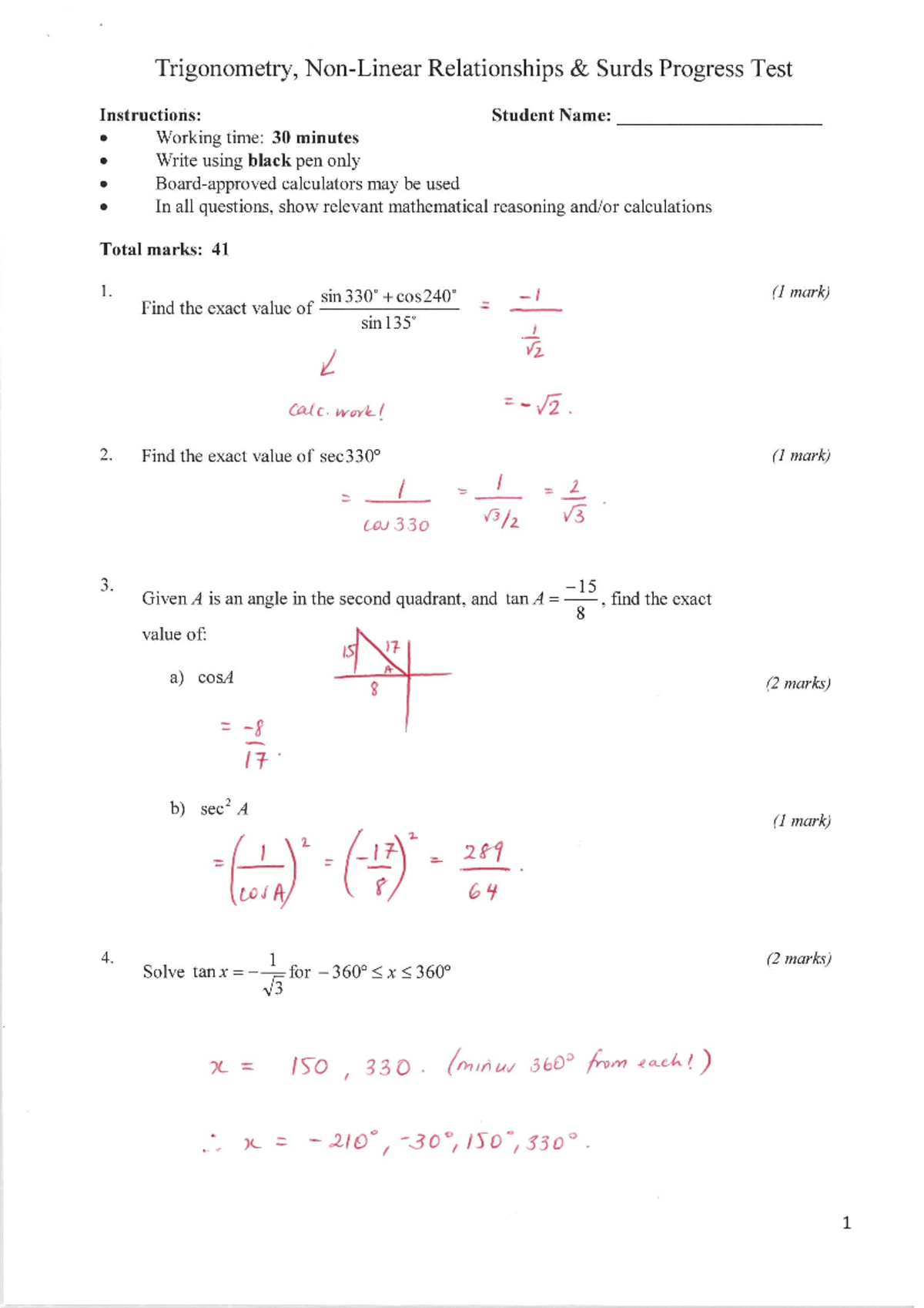 Year 10 Maths Adv: Trigonometry & Surds Progress Test Solutions - Studocu