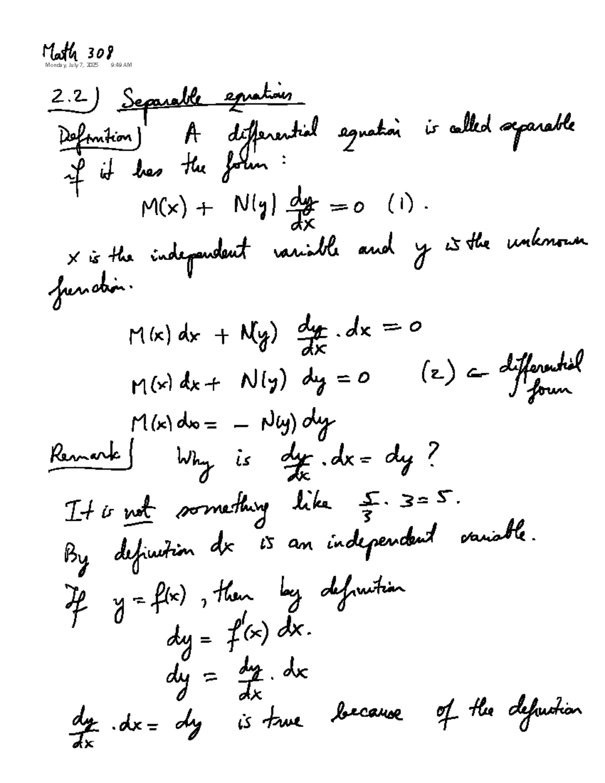 Math 308 Lecture 3 - Notes on Separable Differential Equations - Studocu