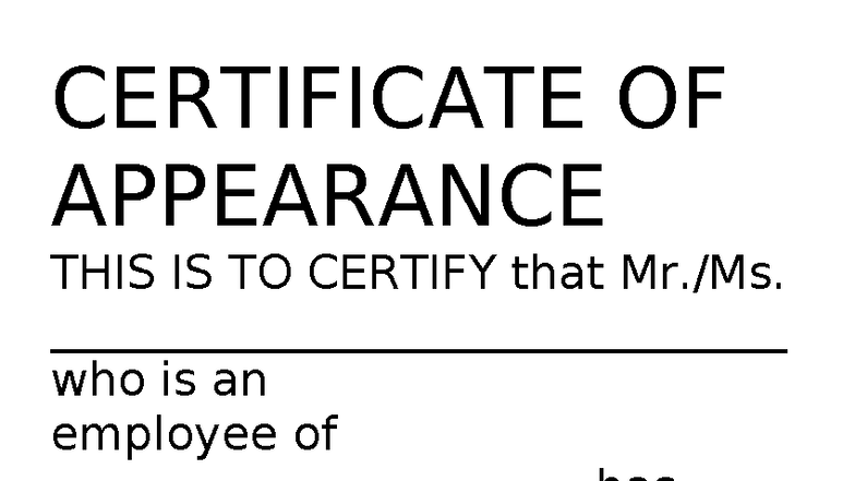 Certificate of Appearance: Official Employee Verification Document ...