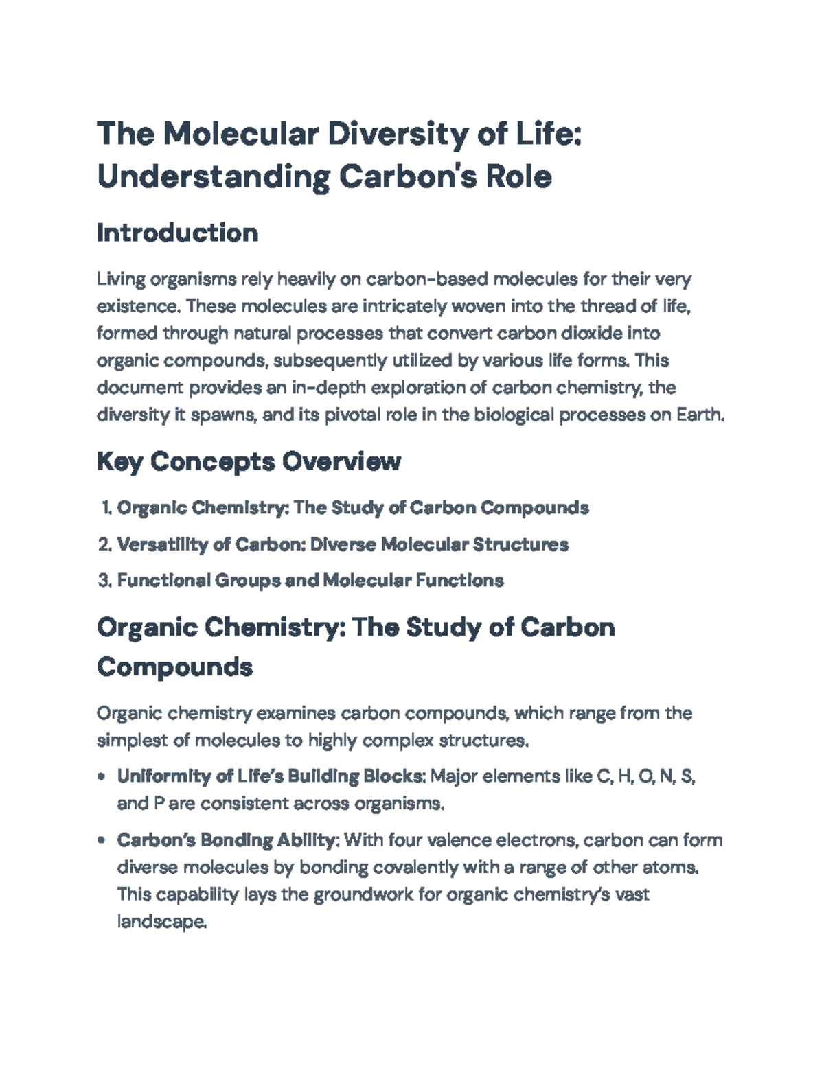 Understanding Carbon's Role in the Molecular Diversity of Life - The ...