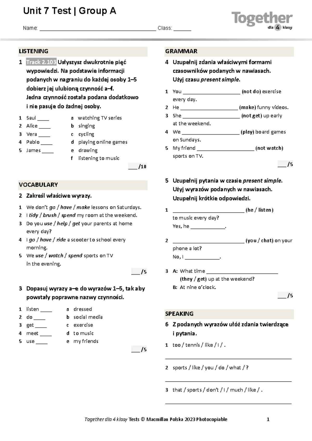 Together kl4 U7 Unit Test Group A - Listening, Vocabulary, Grammar ...