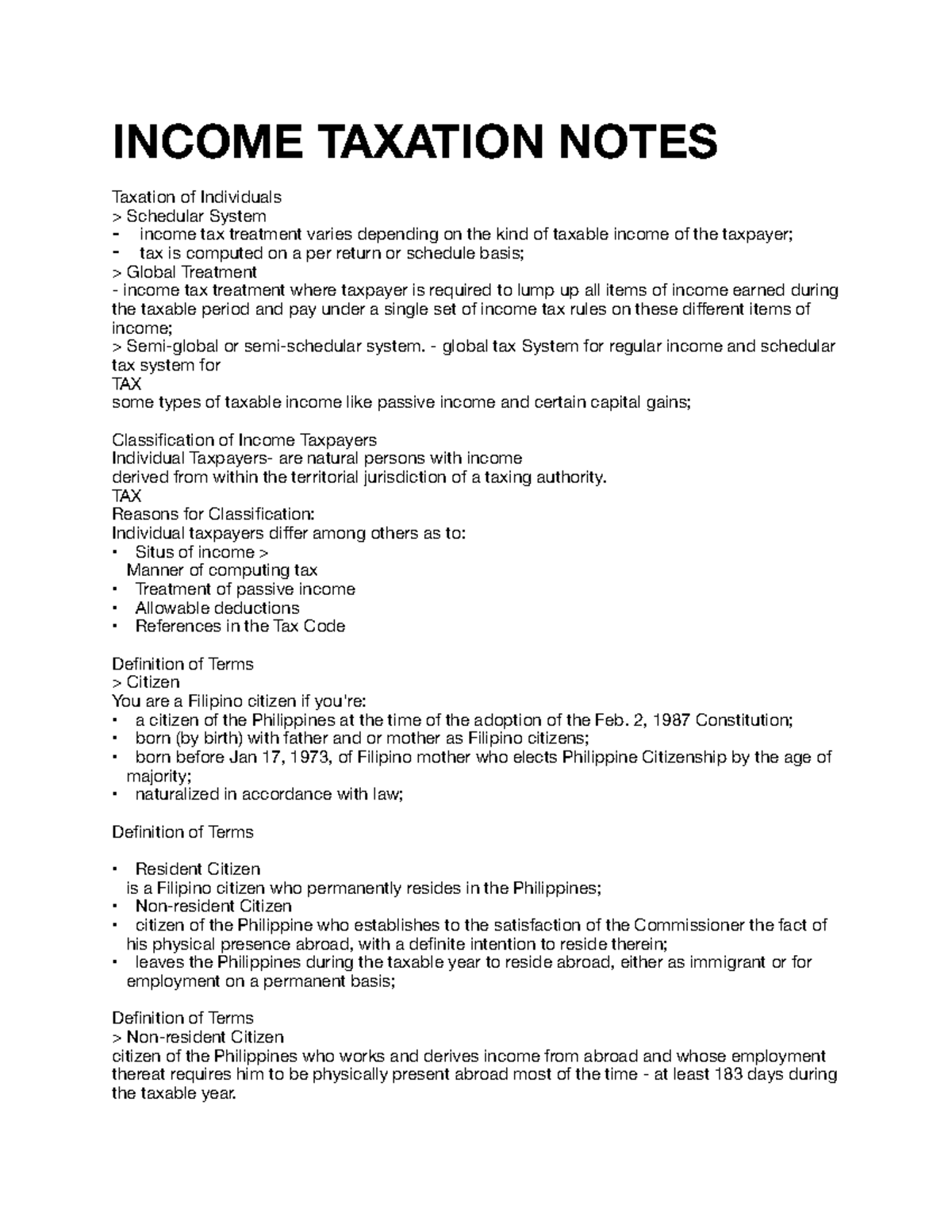 Income Taxation Notes: Tax Treatment of Individuals and Classifications ...