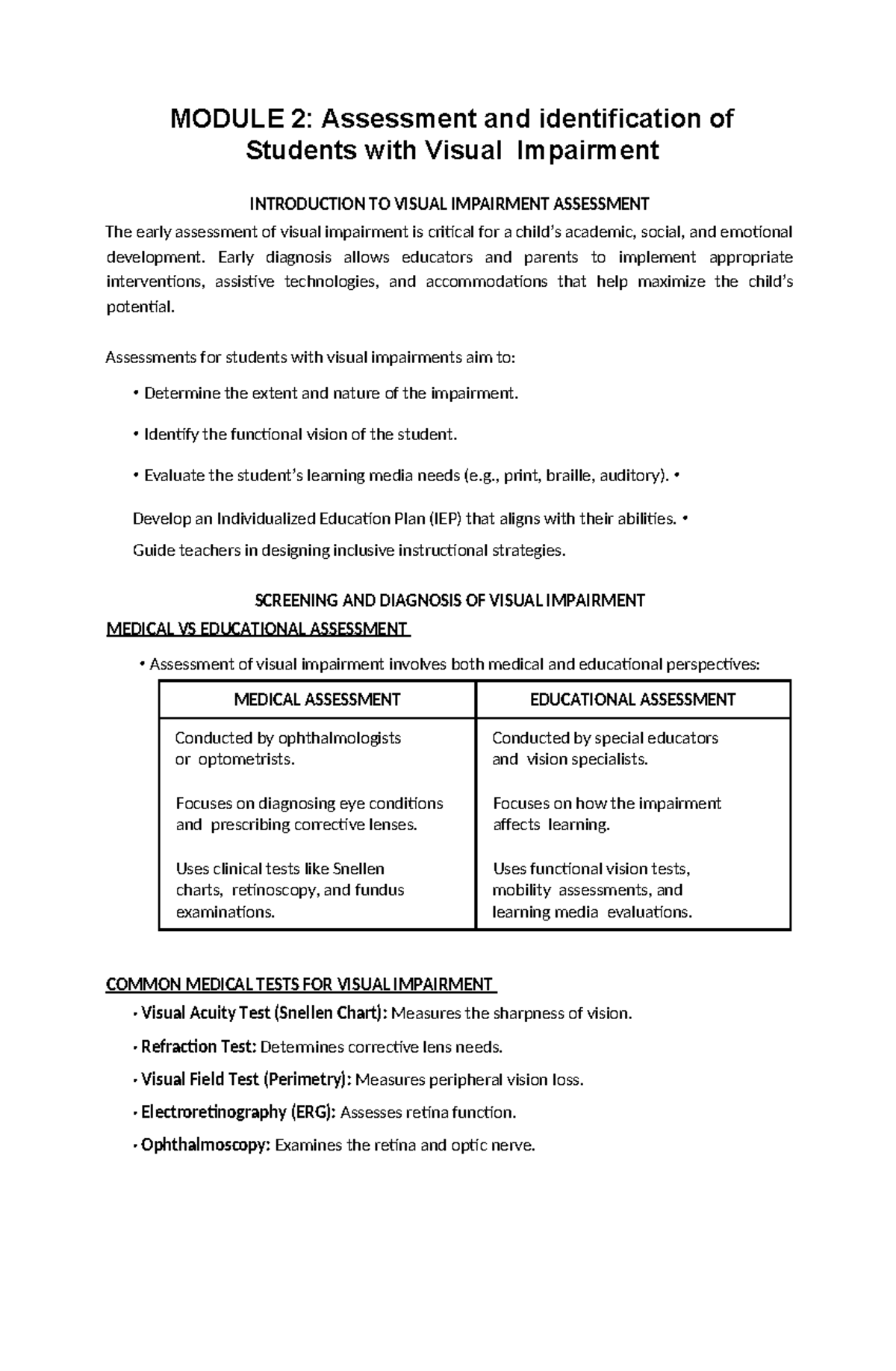 Assessment and Identification of Students with Visual Impairment (Module 2) - Studocu