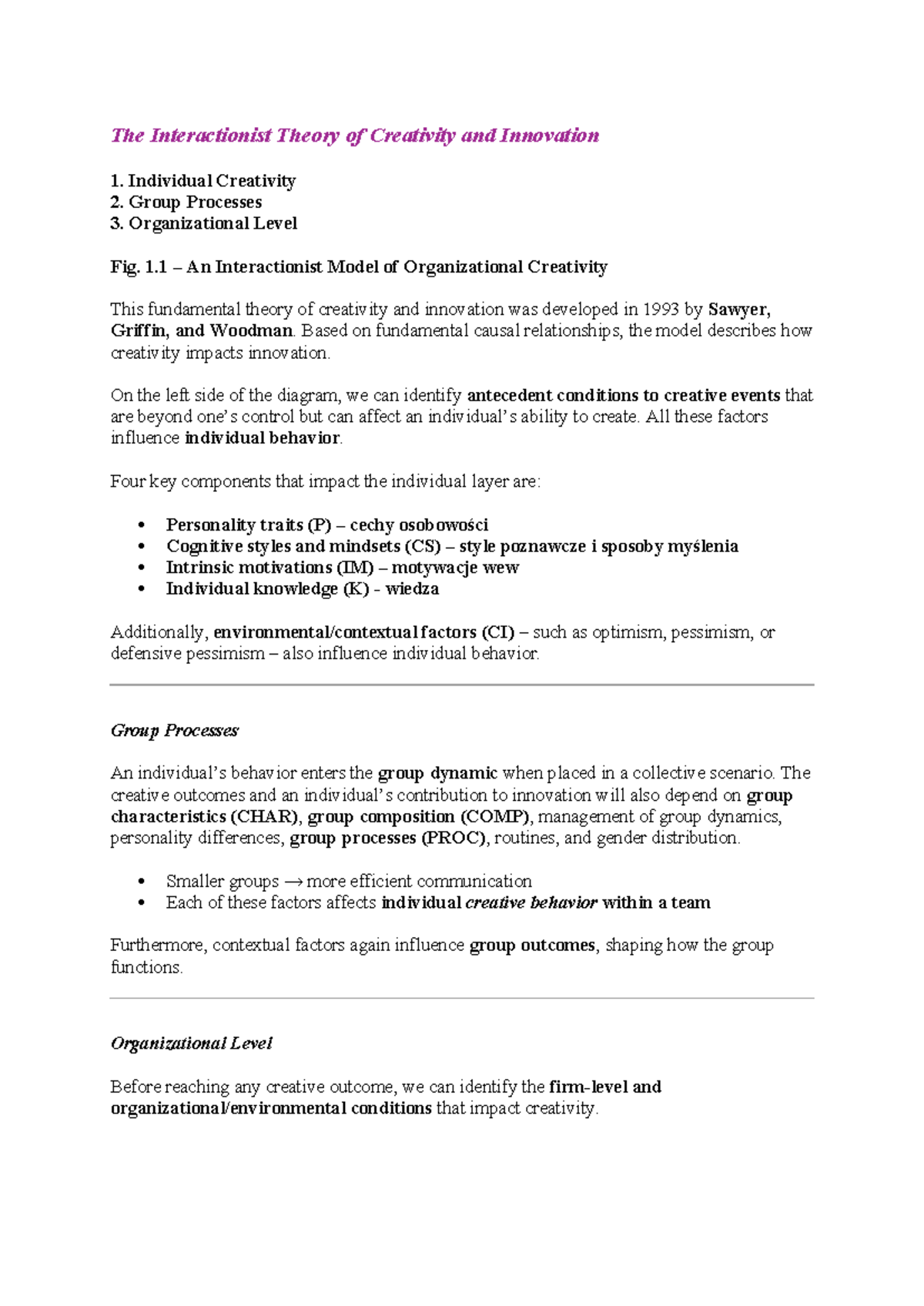 Interactionist Theory of Creativity & Innovation (INNO 101) - Summary ...