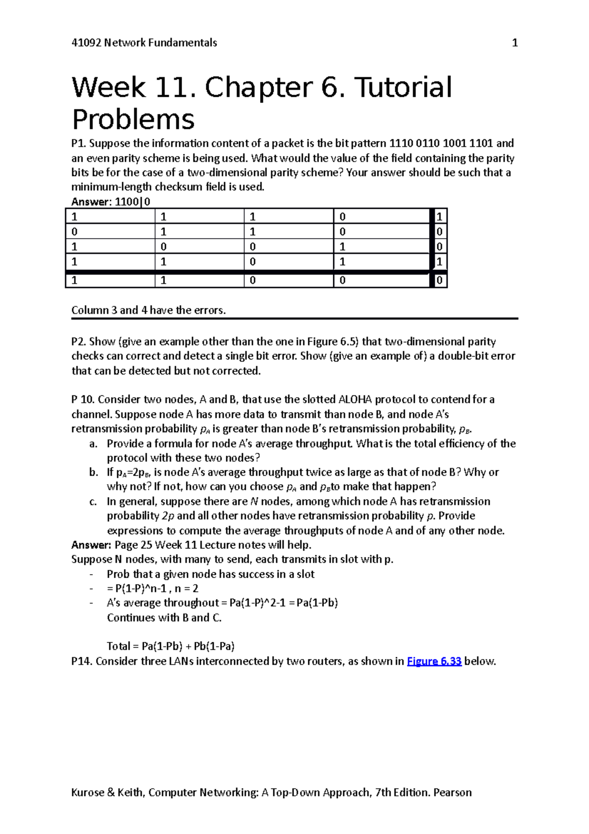 Week11 Tutorial Problem Network Fundamentals 41092 Network Fundamentals Week 11 Chapter 6
