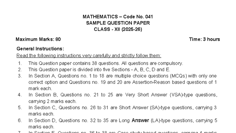 MATHEMATICS Code No. 041 SAMPLE QUESTION PAPER CLASS XII - Helpful ...
