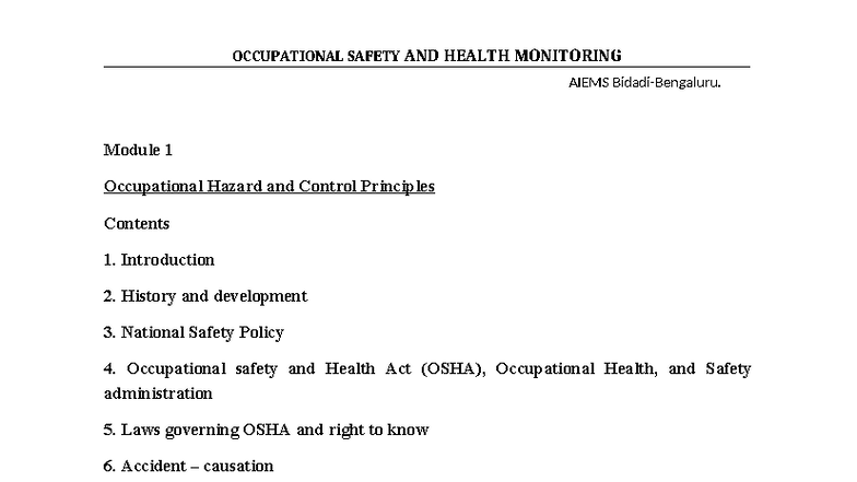 Module 1: OSHA - Occupational Hazard & Control Principles - Studocu